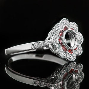 Vintage Natural Ruby Diamond Double Halo Mounting Round Engagement Ring ...