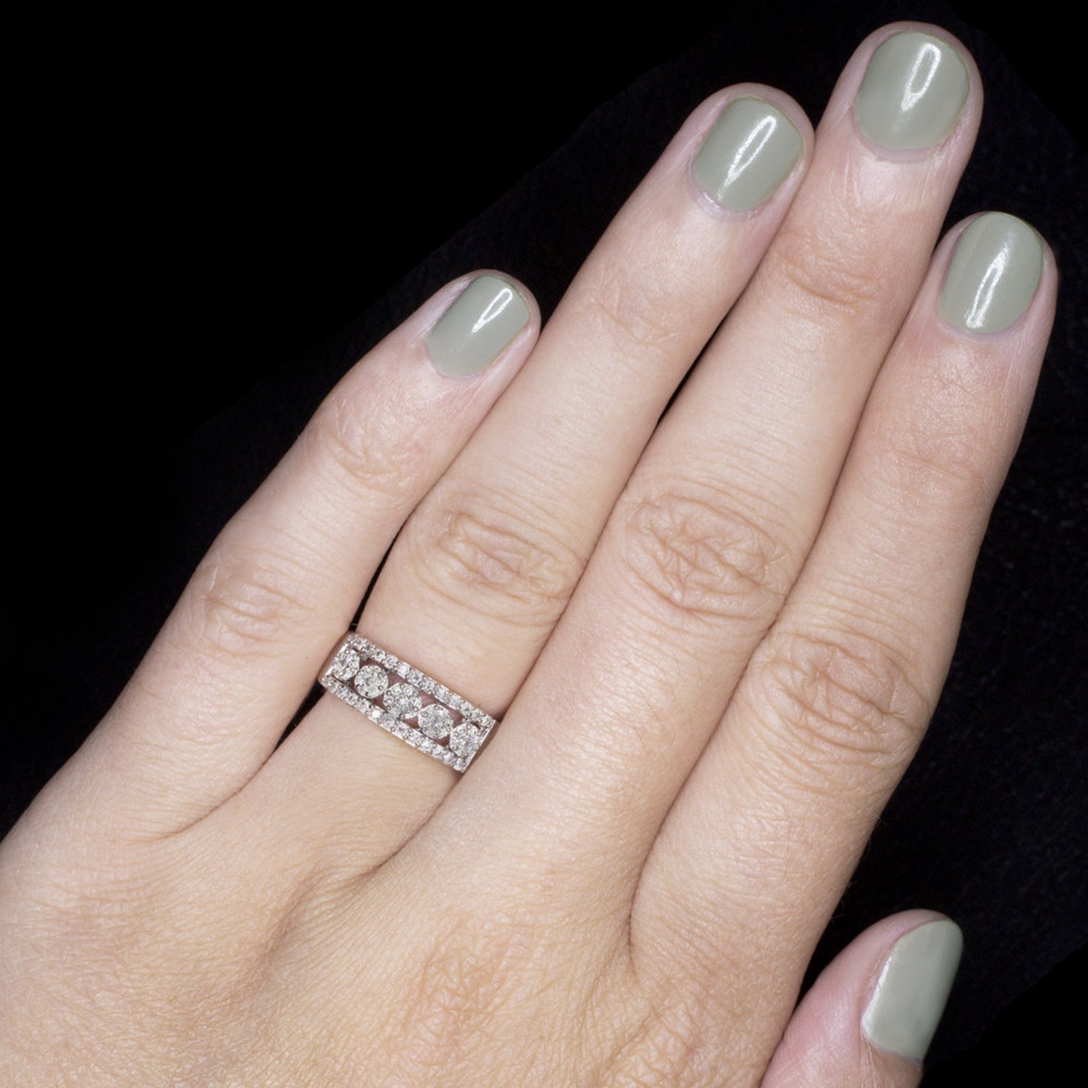 Natural Diamond Cocktail Band Wide Cluster Illusion Ring 14K White Gold ...