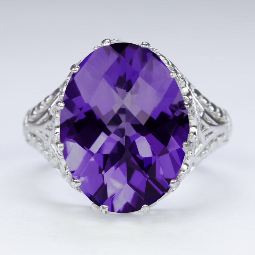 Amethyst Sterling Silver Vintage Style Ring Filigree Oval Cut Solitaire ...