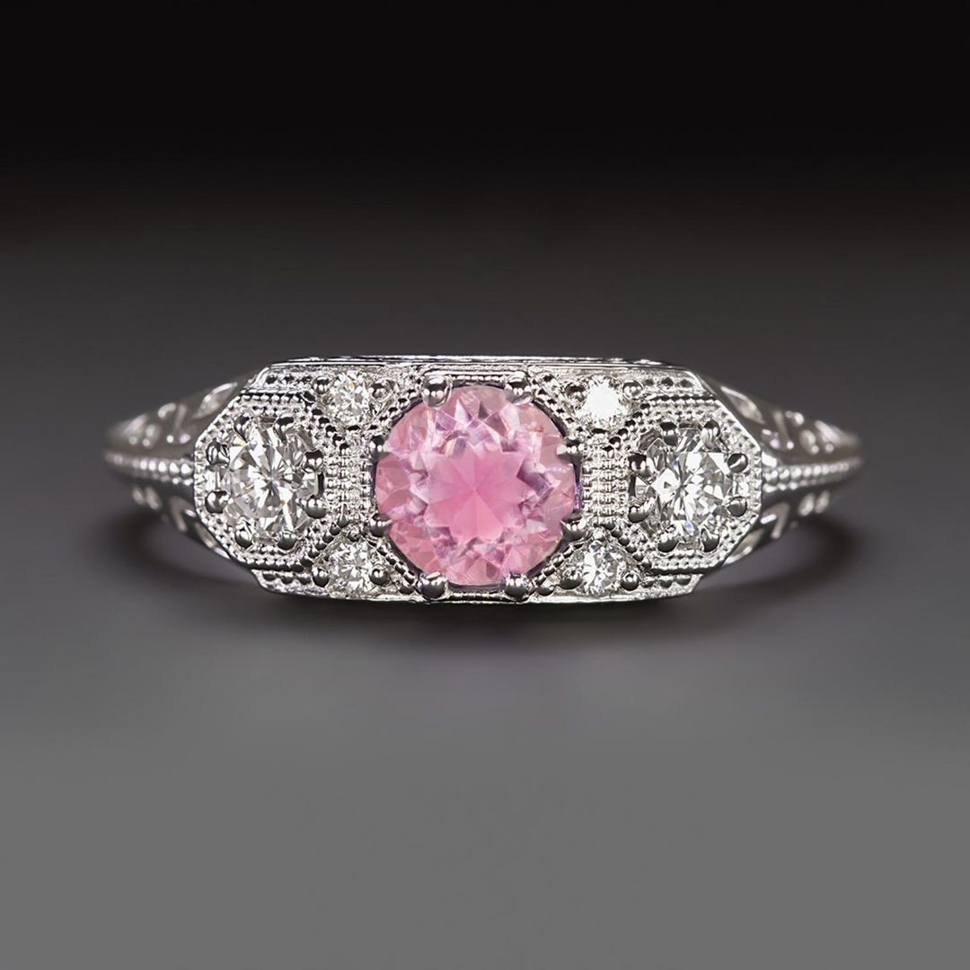Vintage Style Pink Tourmaline Diamond 3 Stone Ring 14K Gold Natural Art ...