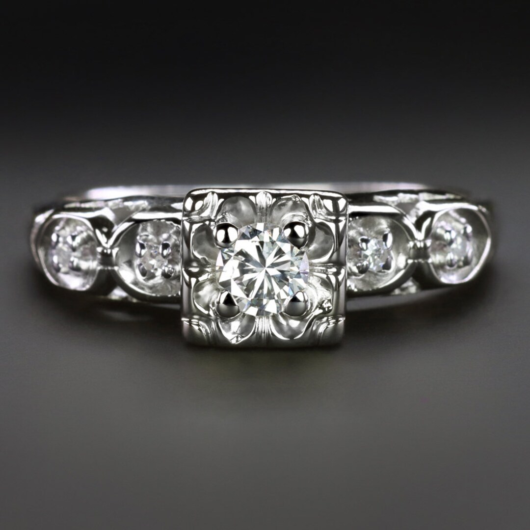 Vintage Diamond Engagement Ring Transitional Cut 14K White Gold ...