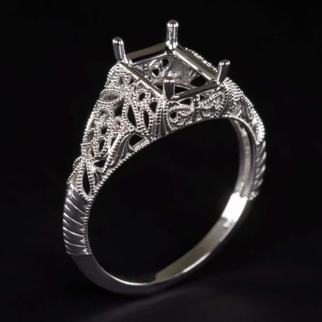 14K White Gold Filigree Engagement Ring Setting 8X6 Emerald Cut Vintage ...