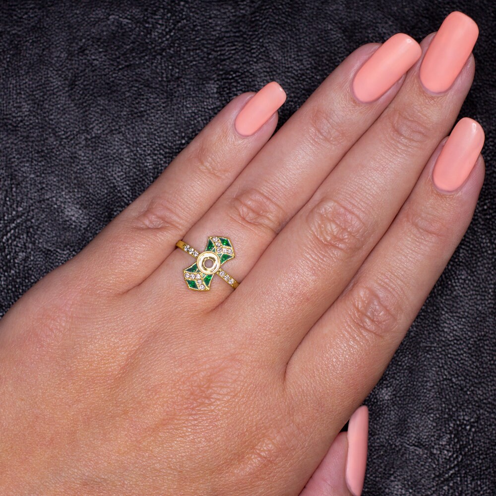 Emerald Diamond Engagement Ring Setting Vintage Yellow Gold Art Deco ...