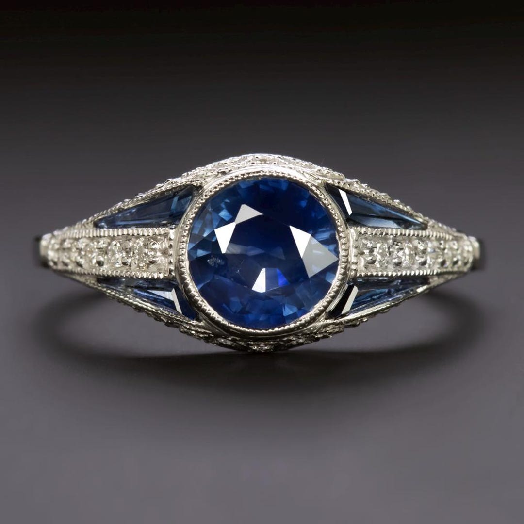 Sapphire Diamond Cocktail Ring Vintage Style Art Deco 14K White Gold ...