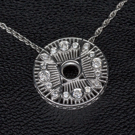 Vintage Diamond Pendant 4mm Round Setting Filigree Necklace Art Deco White Gold Circle Art Deco Anique Style MTO 9341 Etsy