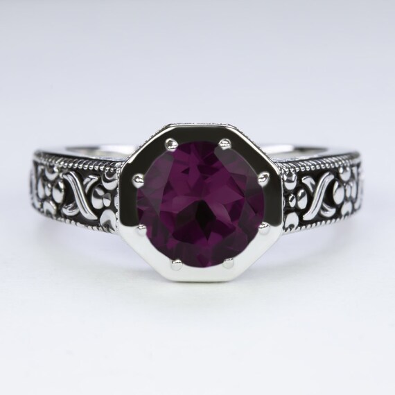 Rhodolite Garnet Sterling Silver Ring Vintage Style Round Cut Art Deco Gemstone 18293 RHOD