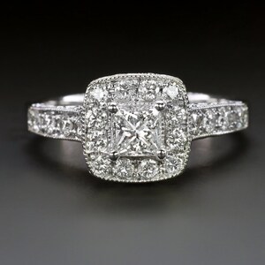 Princess Cut Diamond Engagement Ring Cushion Halo Vintage Style 14K ...