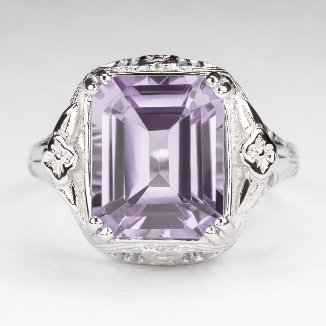 Pink Amethyst Sterling Silver Vintage Style Ring Art Deco Emerald Cut ...