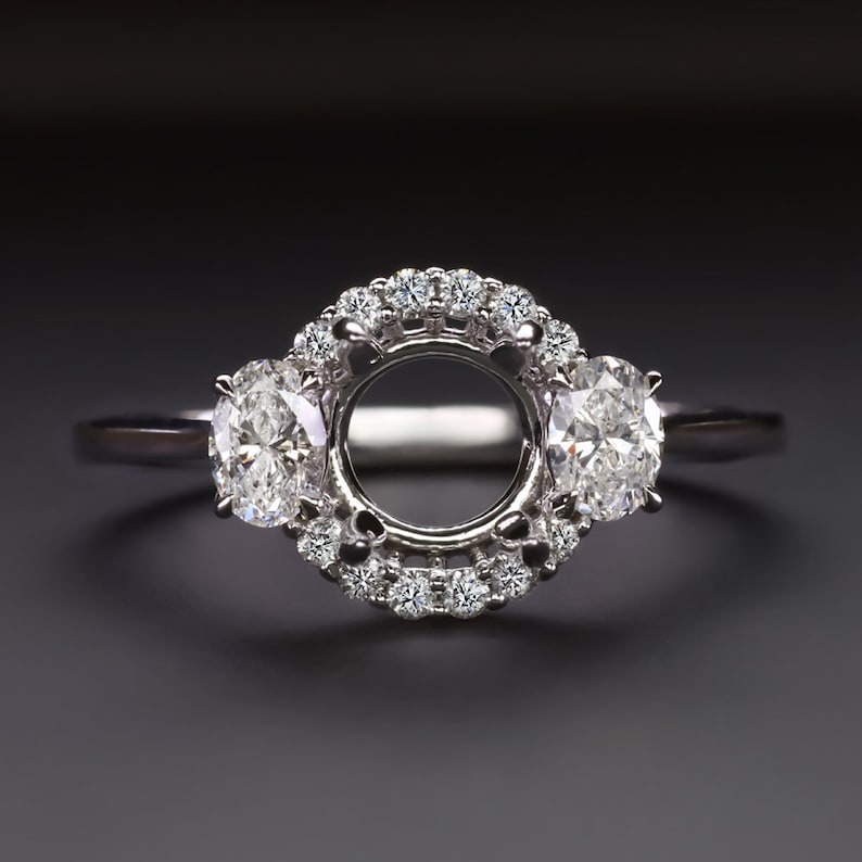 Diamond Halo Ring Setting 7mm Round Semi Mount Oval Shape Accents 14K ...
