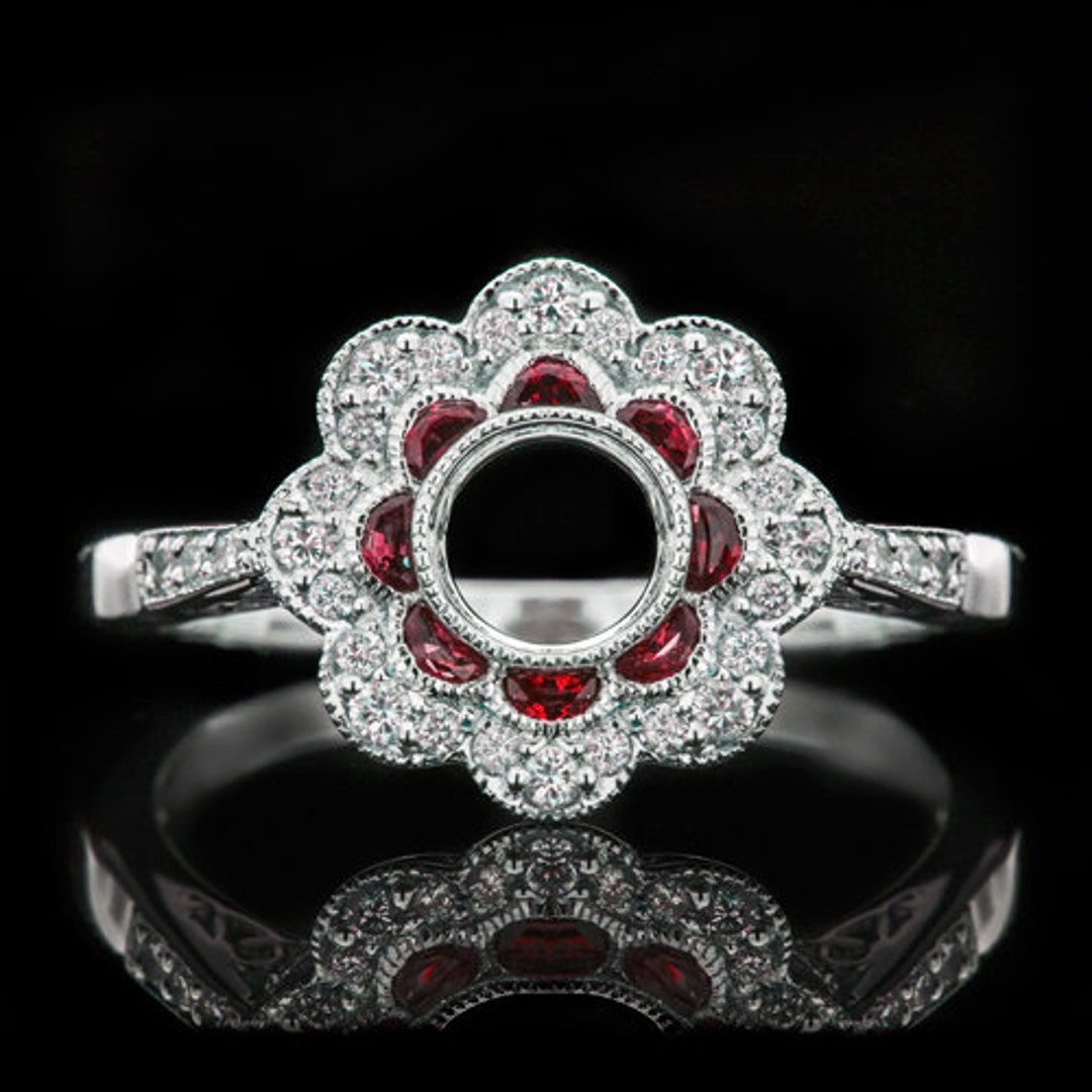 Vintage Natural Ruby Diamond Double Halo Mounting Round Engagement Ring ...
