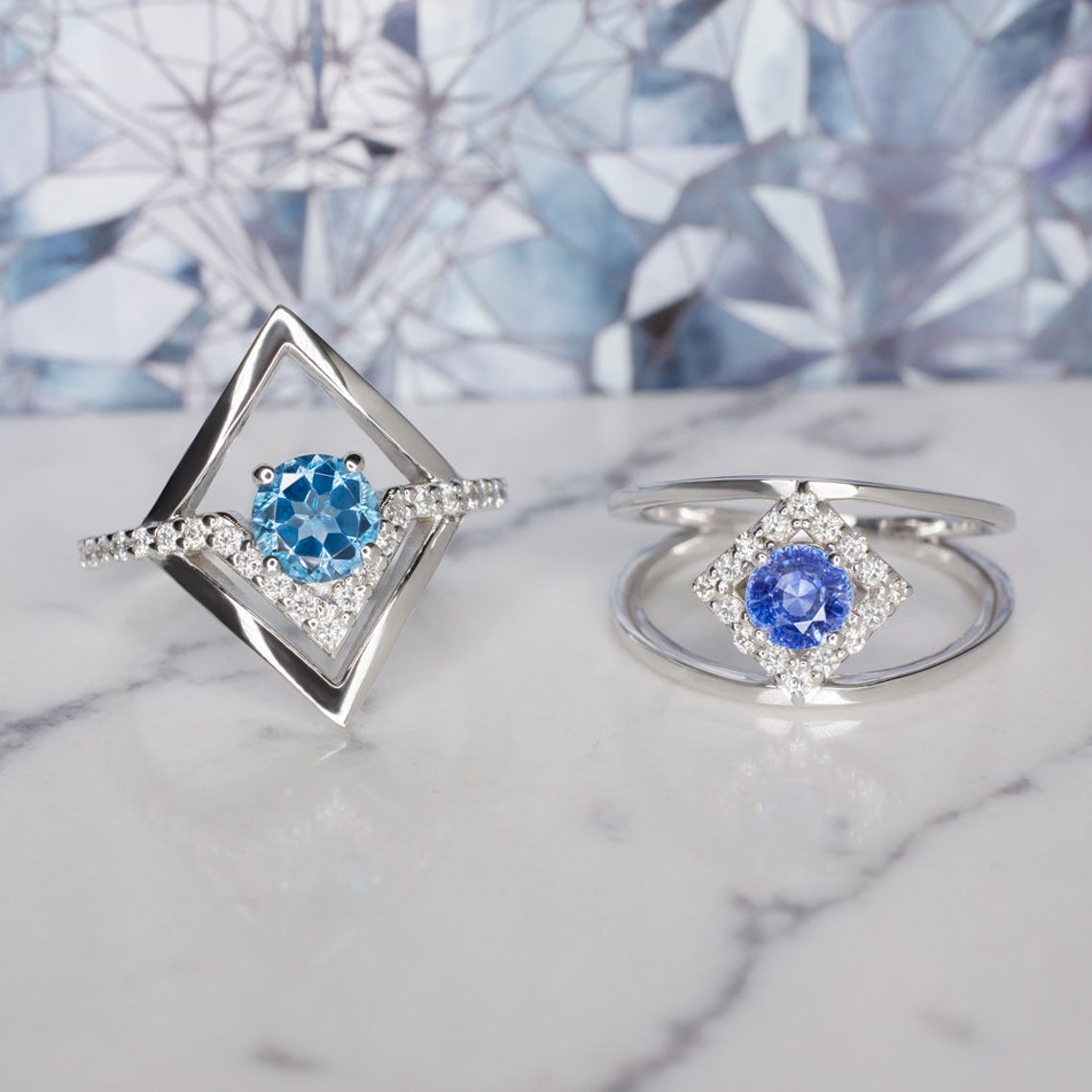 Blue Sapphire Diamond Cocktail Ring Geometric Modern Double - Etsy