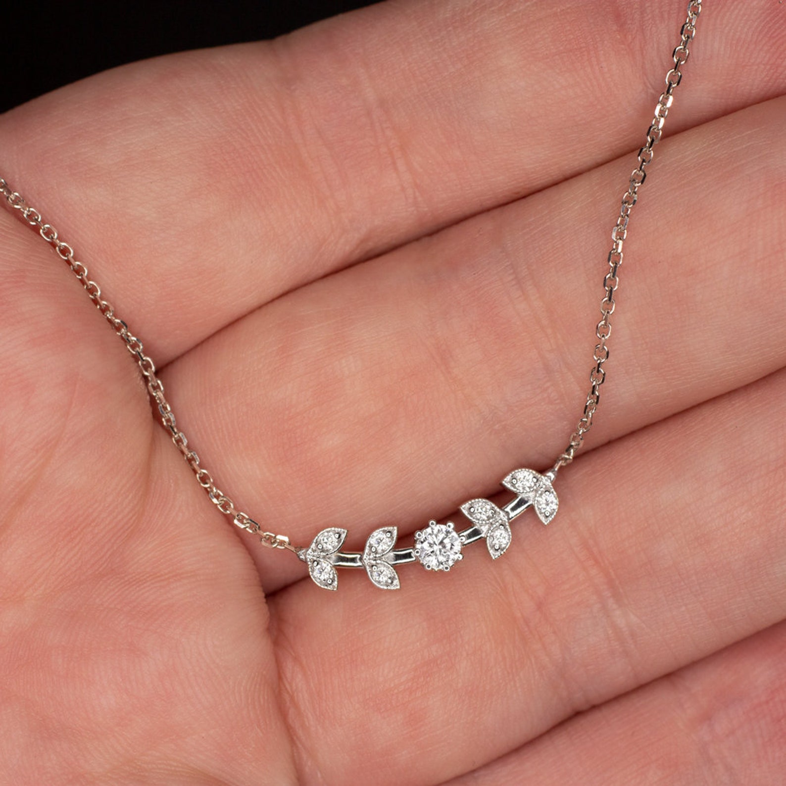Natural Diamond Floral Necklace Dainty Pendant 14k White Gold - Etsy