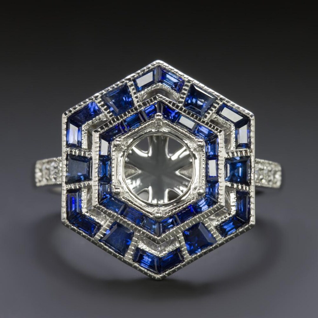 Sapphire Cocktail Ring Setting 6.5M Round Mount Hexagon Geometric ...