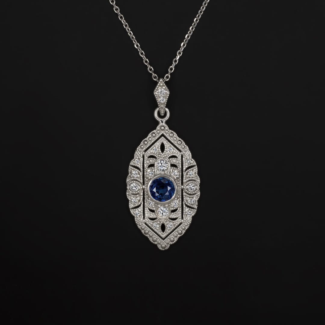Sapphire Diamond Vintage Style Pendant Art Deco Necklace Drop Dangle ...