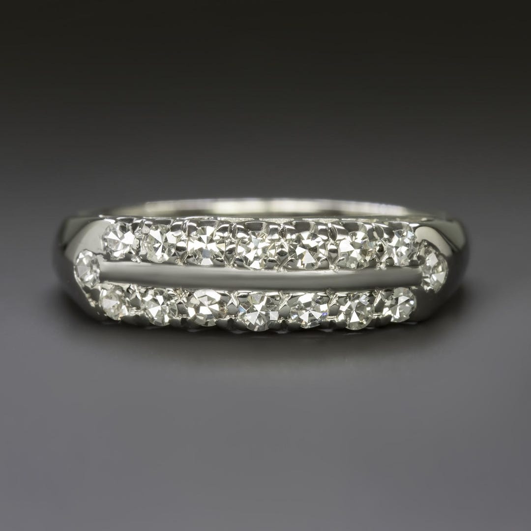 Vintage Diamond 2 Row Band 14K White Gold Ring 1/3ct Natural Retro ...