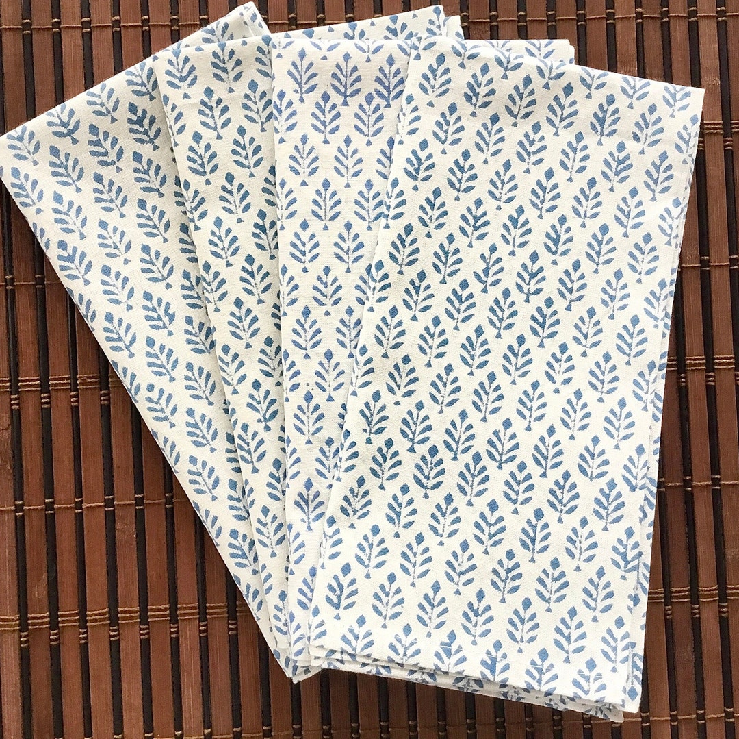 Block Print Dinner Napkins, 18 Inch Set of 4 Medium Blue White Hand ...