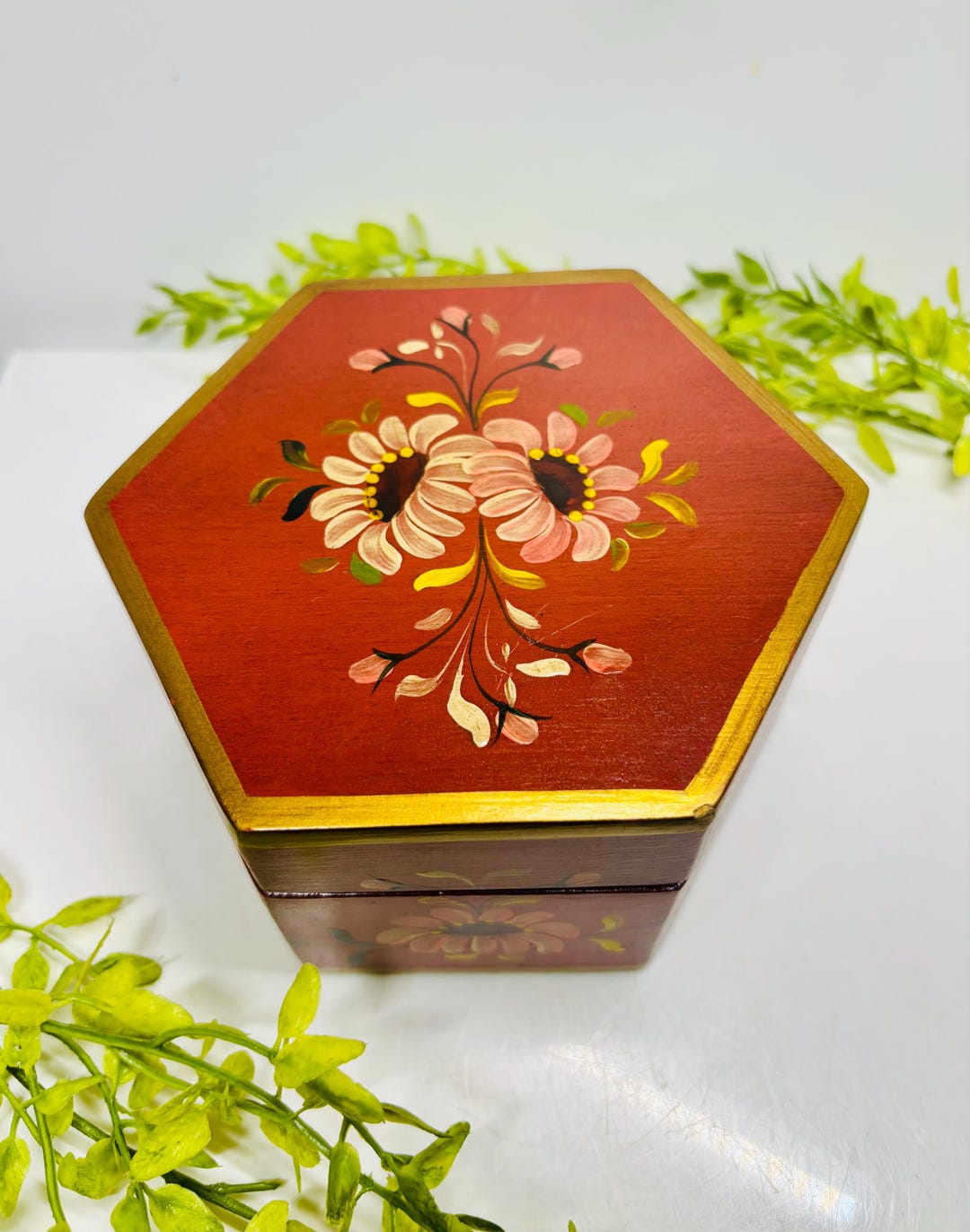 Vintage Hand Painted Wooden Hexagon Read Box With Blossoms - Etsy