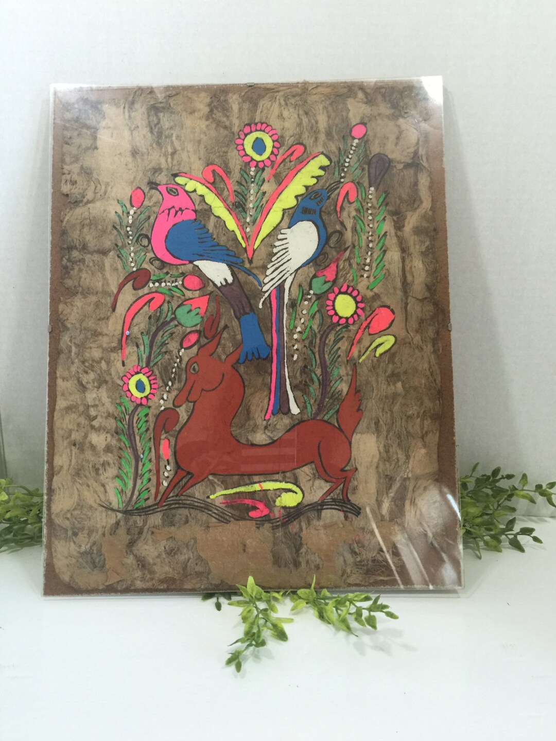 Folk Art Vintage Tree Bark Painting Vibrant - Etsy