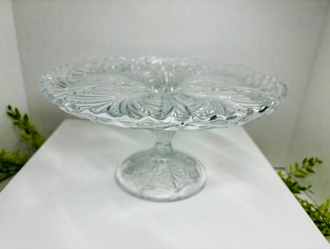 Vintage Swirl Leaf Pressed Glass Cake Stand Diamond Shaped Pedestal ...