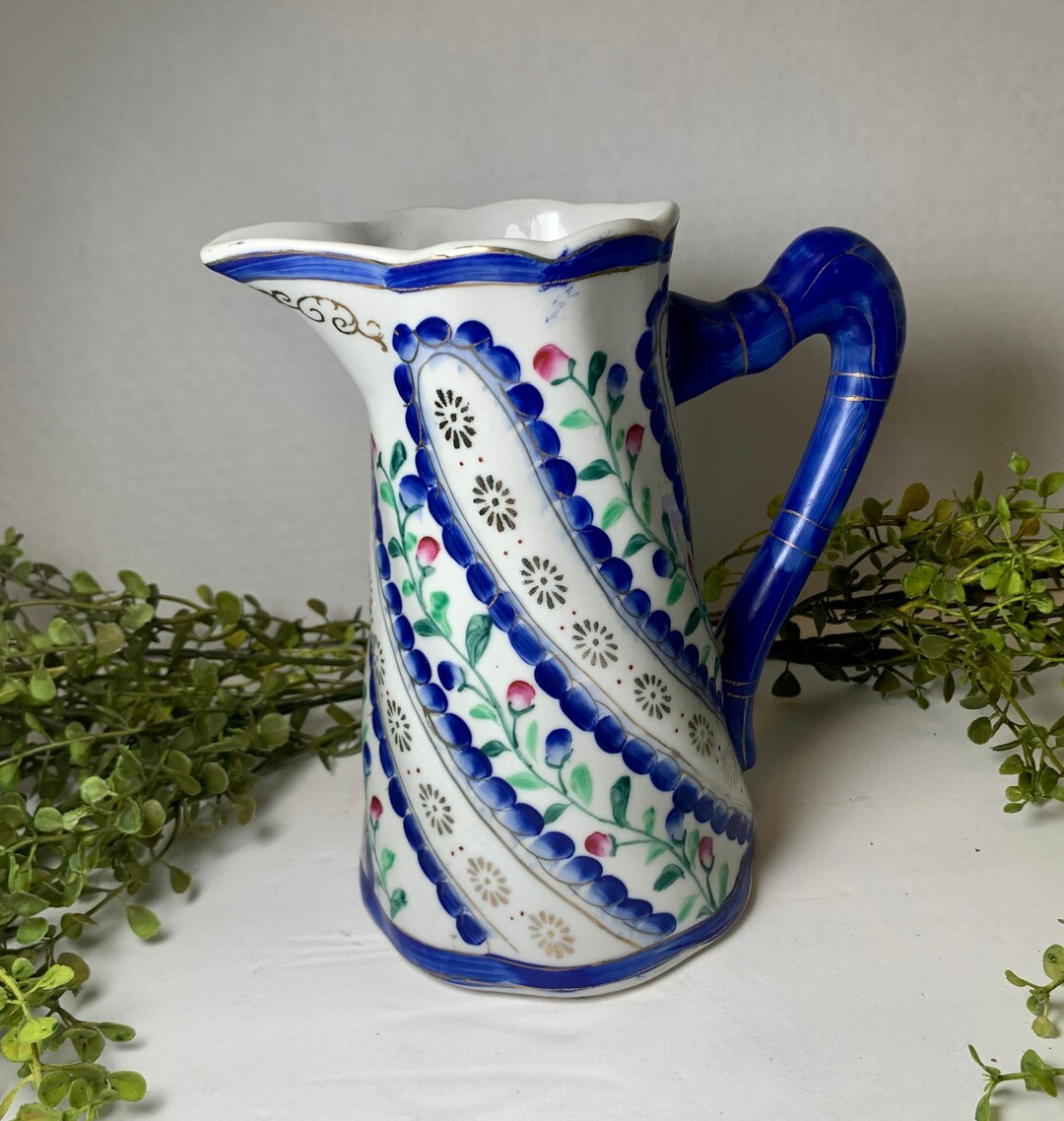 Vintage Chinese Hand Decoration Pitcher Vase Vibrant Colors Collectible ...