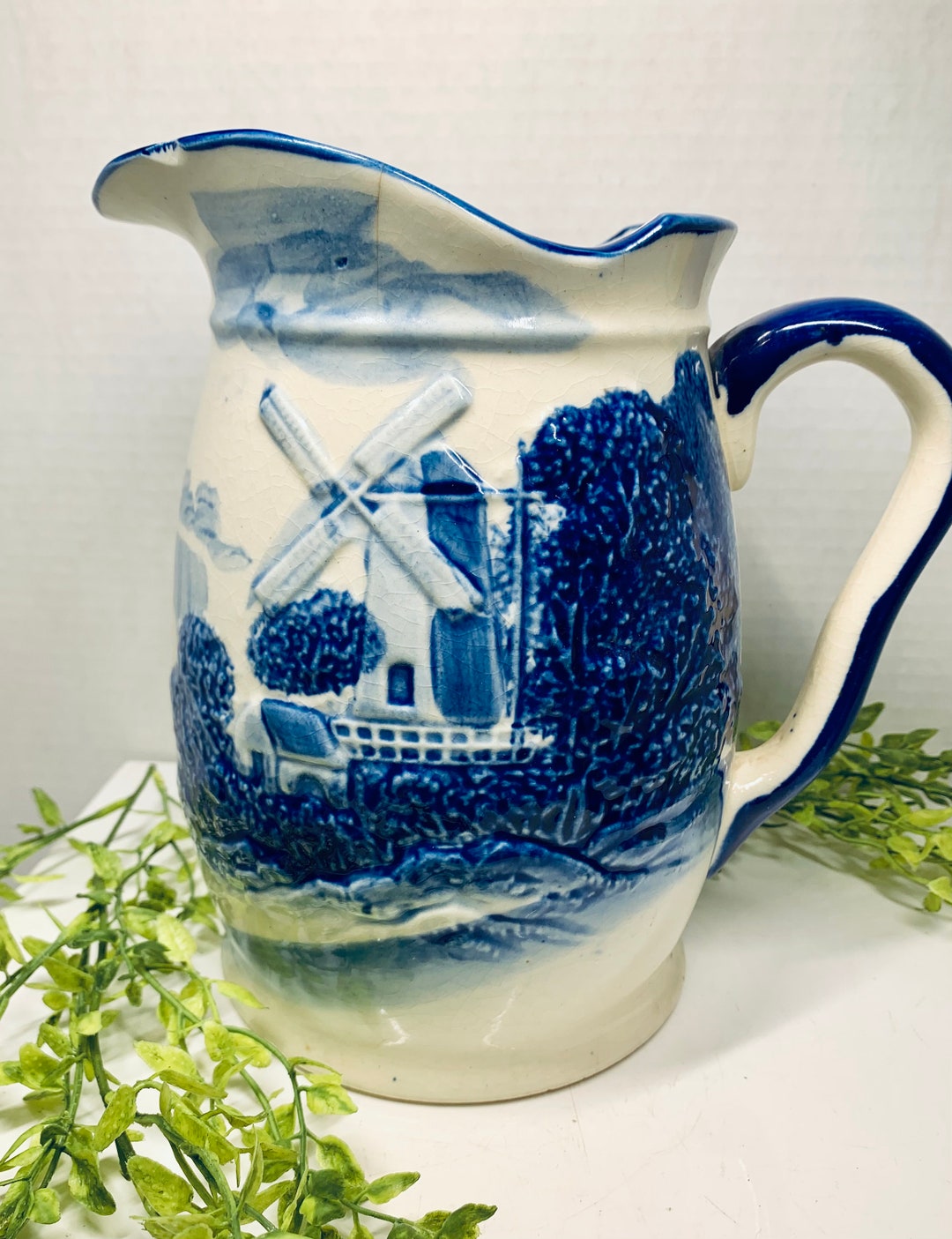 Mid Century 1950 Dutch Windmill Blue and White Porcelain Large Pitcher ...