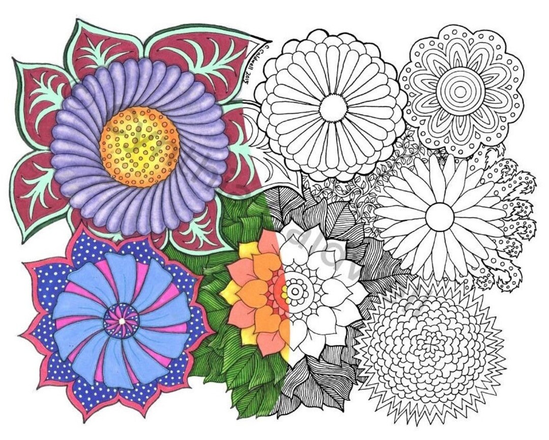 Flowers Doodle 2 Coloring Page Instant Download - Etsy