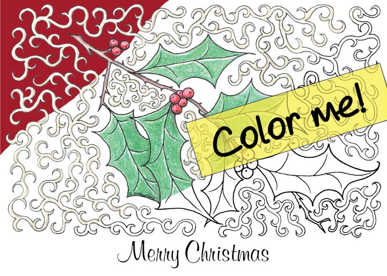 Customizable Christmas Holly Holiday Greeting Card to Color Instant ...