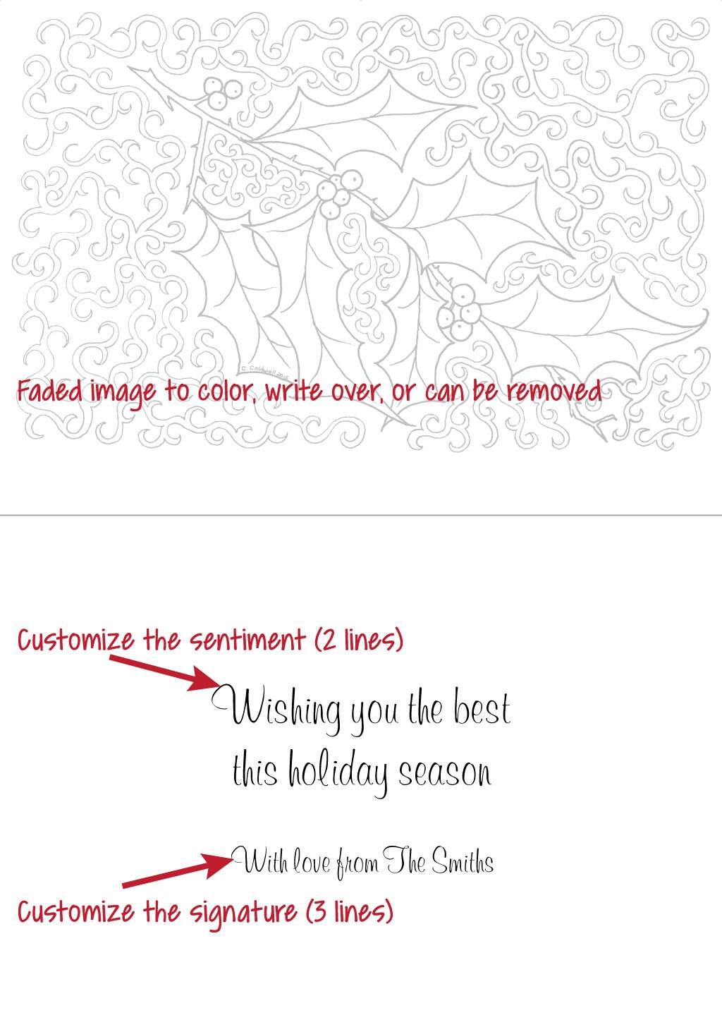 Customizable Christmas Holly Holiday Greeting Card to Color Instant ...