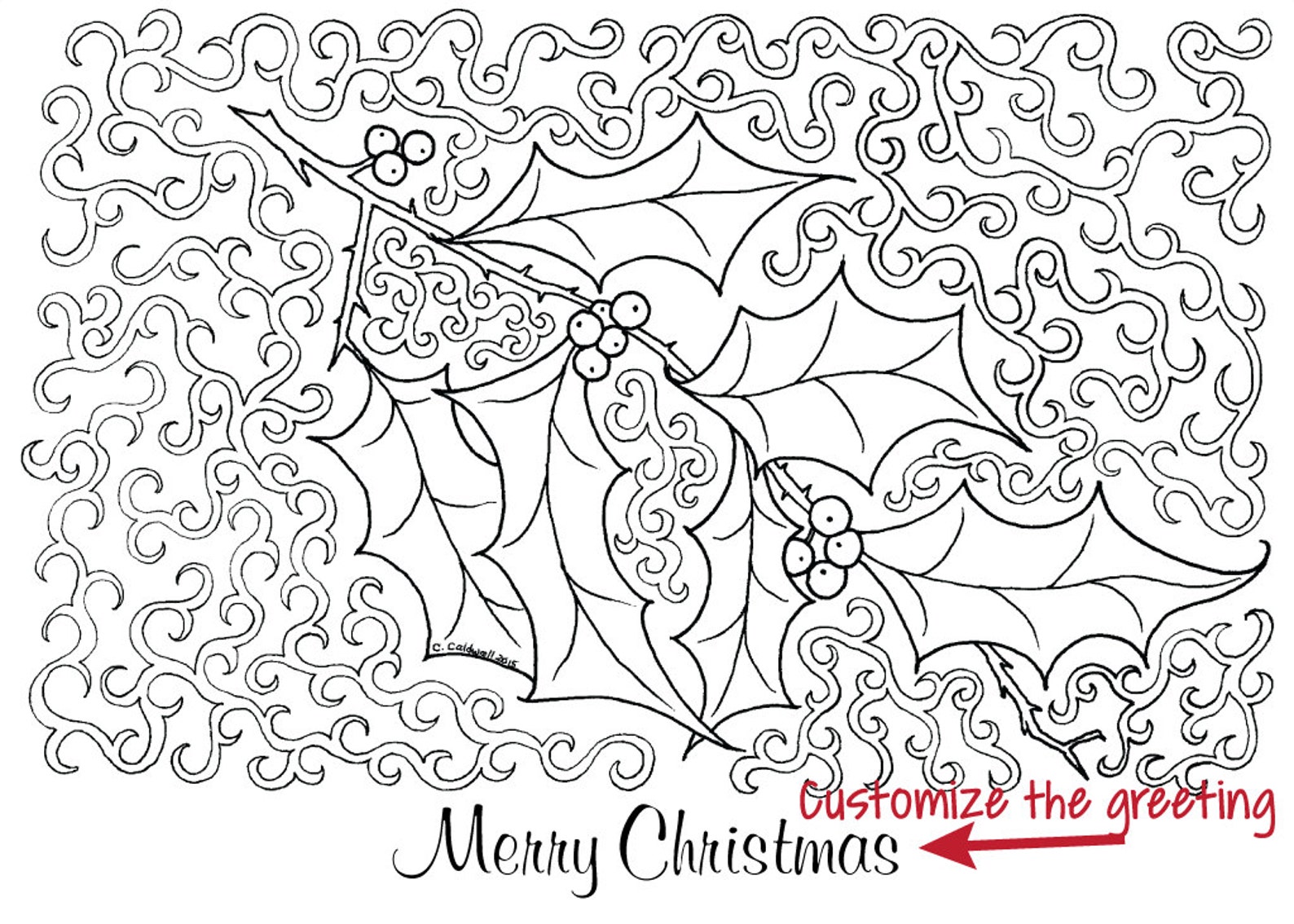 Customizable Christmas Holly Holiday Greeting Card to Color Instant ...