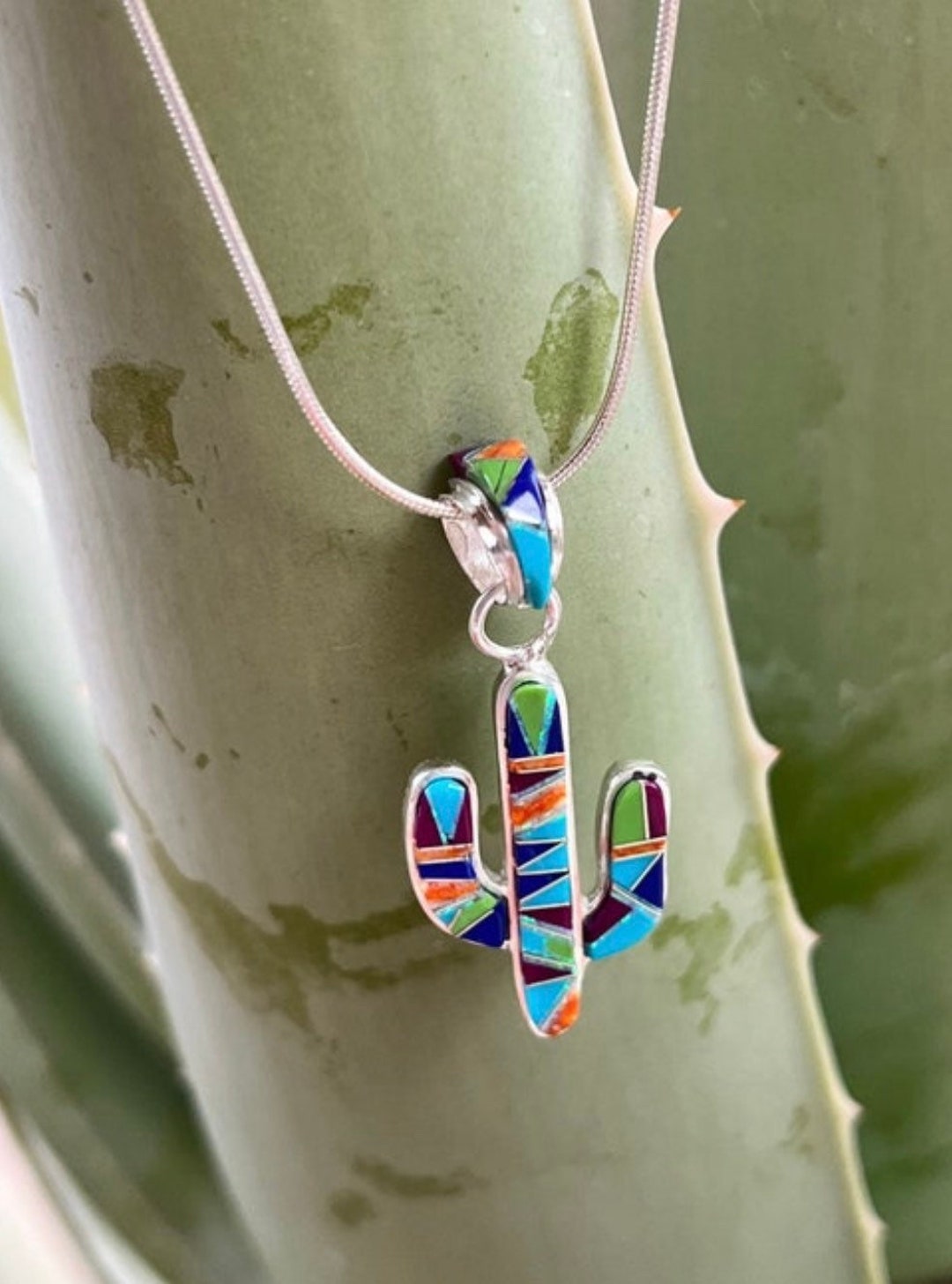 Saguaro Necklace, Cactus Jewelry, Sonoran Desert Jewelry, Inlaid Multi ...