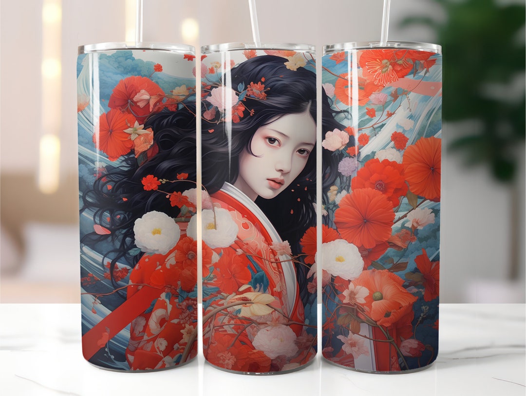 Beautiful Japanese Geisha Red White Flowers 20 Oz Skinny Tumbler Wrap ...