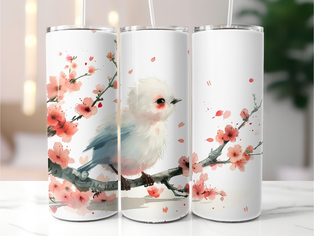 Watercolor Japanese Cherry Blossom Shima Enaga Bird 20 Oz Skinny ...