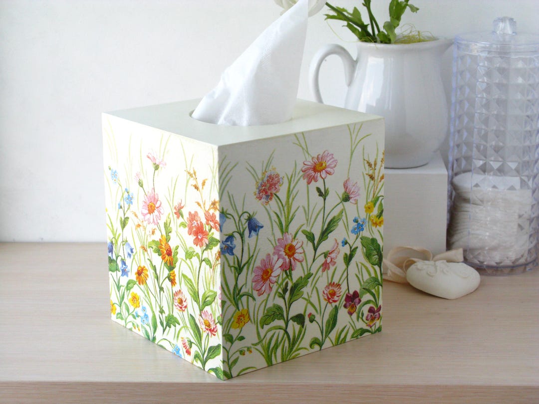 Tissue Box Cover Floral Tissue Box Holder Wooden Tissue Box Decoupage Tissue Box Cube Tissue Box ...