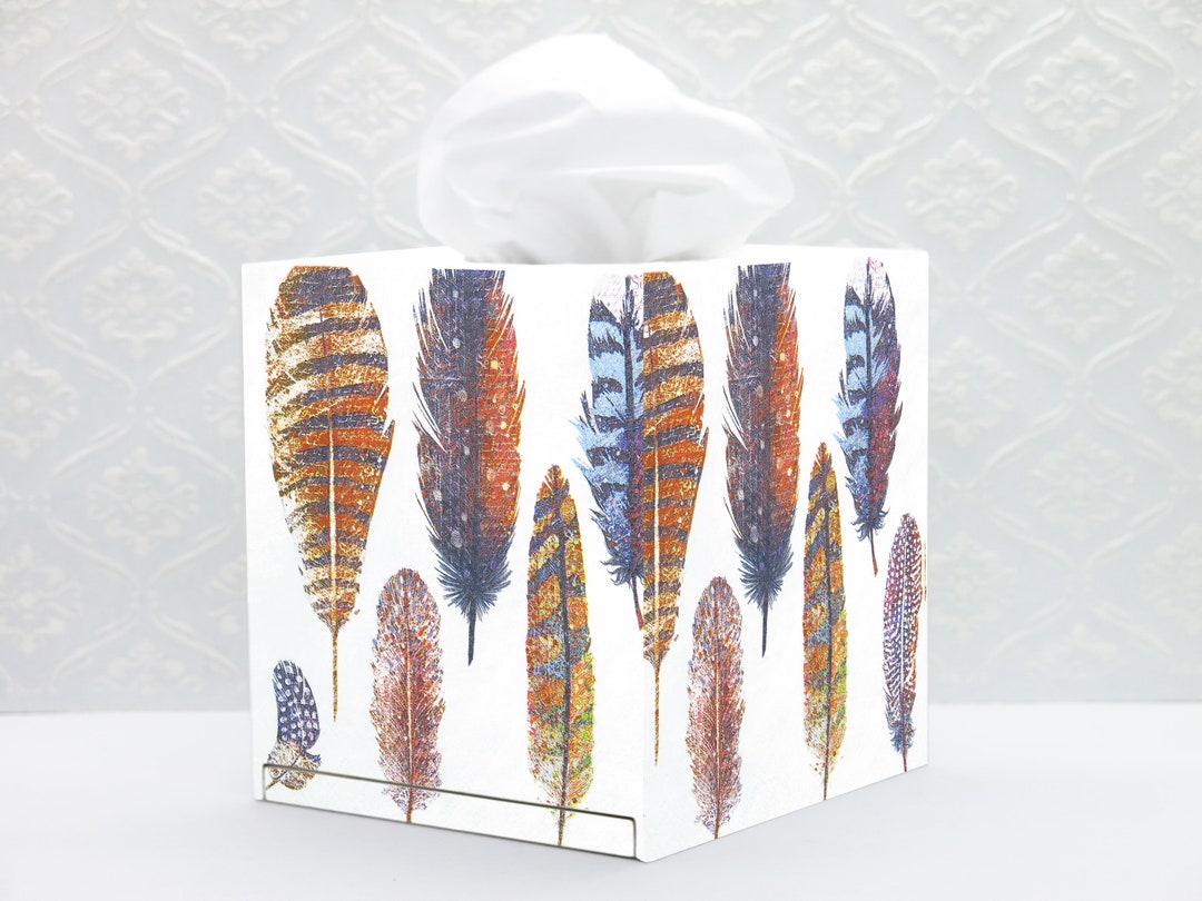 Tissue Box Cover, Feathers Tissue Box, Wooden Tissue Holder, Square ...