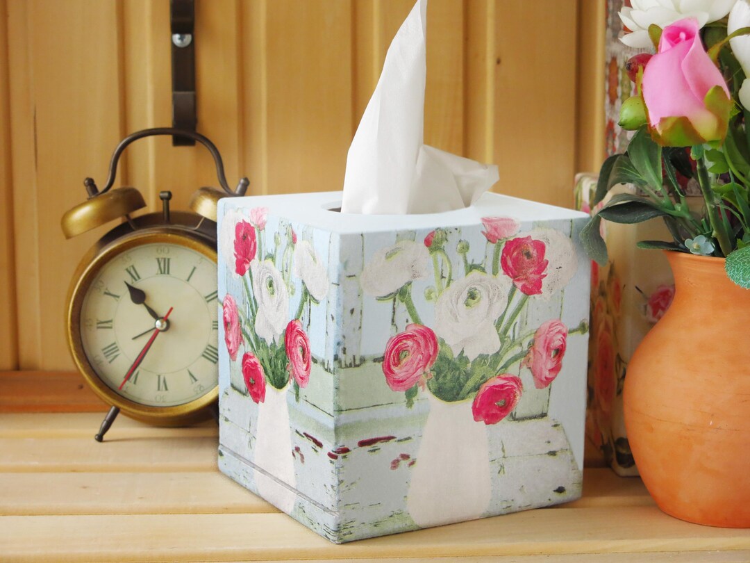 Tissue Box Cover Square Tissue Holder Wooden Tissue Box Floral Tissue ...