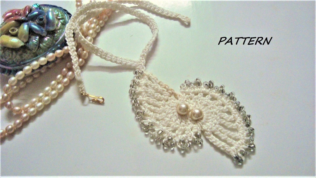 Crochet Beaded Shell Necklace Pattern, White Cotton, Wedding Jewelry ...