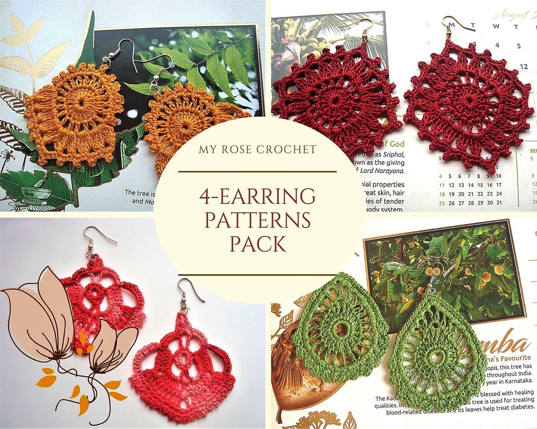 Crochet 4-earring Patterns Pack 20% Discount-thread Crochet Earring ...