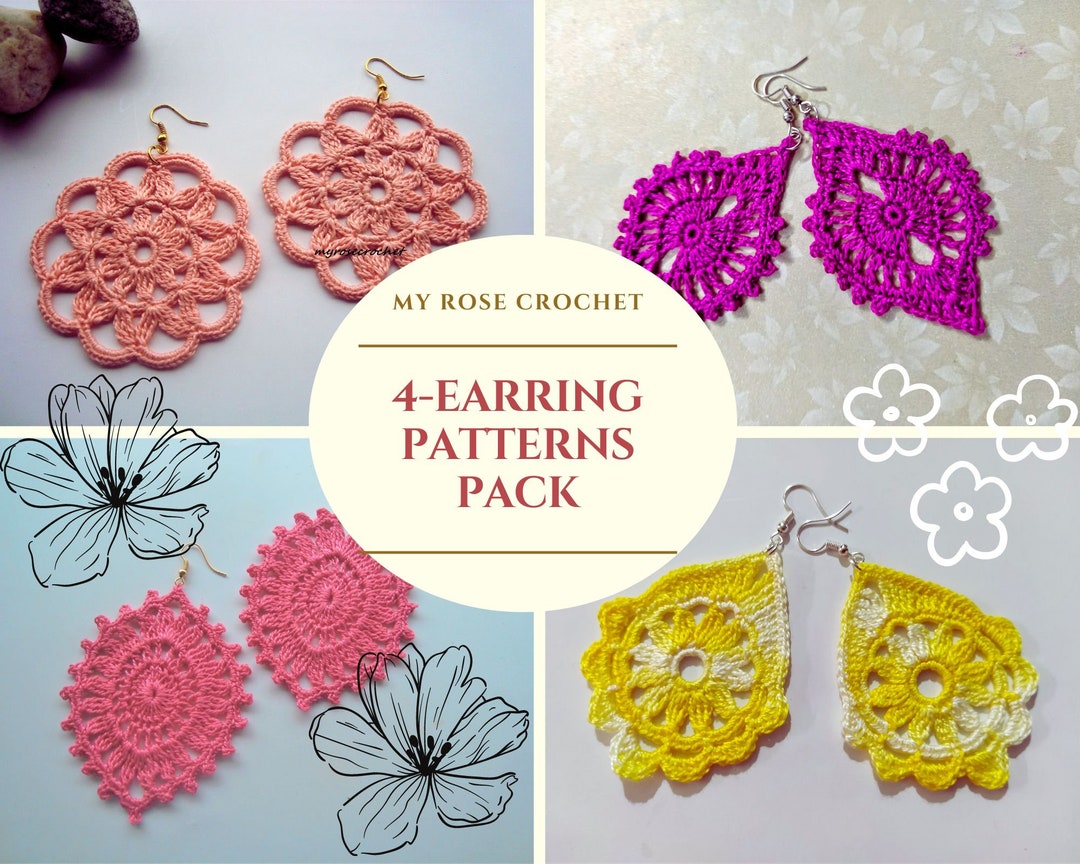 Crochet 4-earring Patterns Pack- C, 20% Discount-thread Crochet Earring ...