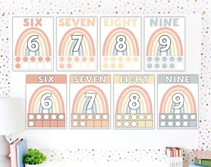 Number Posters With Ten Frames | Boho Rainbow Classroom Decor - Etsy