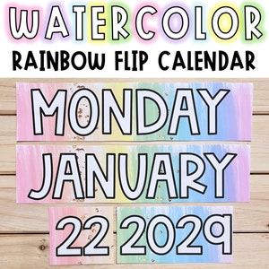 Flip Calendar Classroom | Watercolor Rainbow Classroom Calendar ...