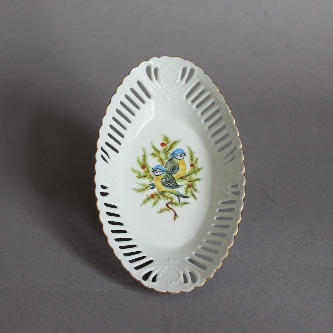 Thuringia Oval Porcelain Breakthrough Bowl 2 Blue Tits on Branch Bird L ...