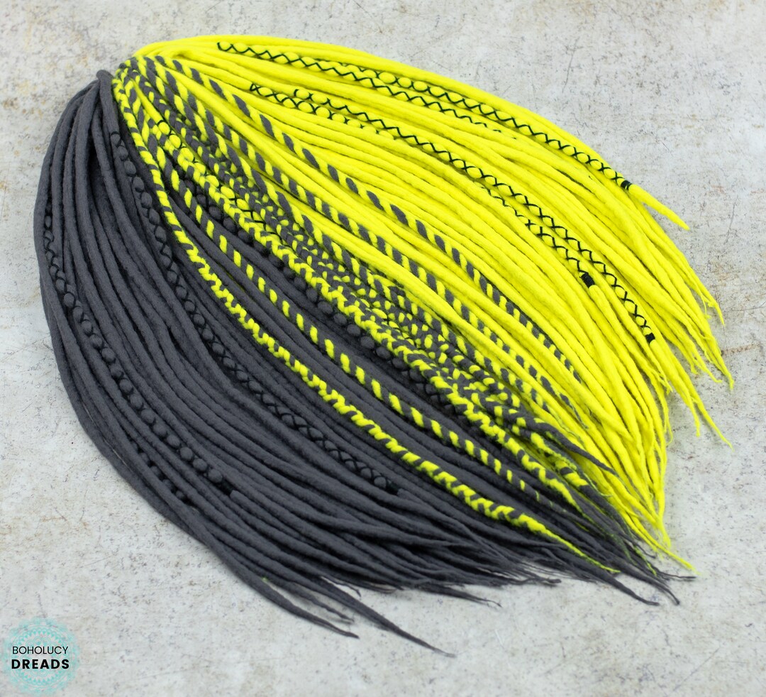 Set of Wool Dreads Dark Grey Neon Yellow Dreadlock Extension "electric ...