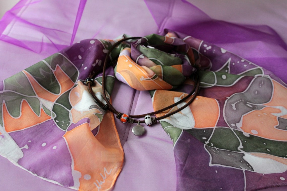 Hand Painted Silk Scarf: Apricot, Olive, Aubergine - 55"x18" - Etsy
