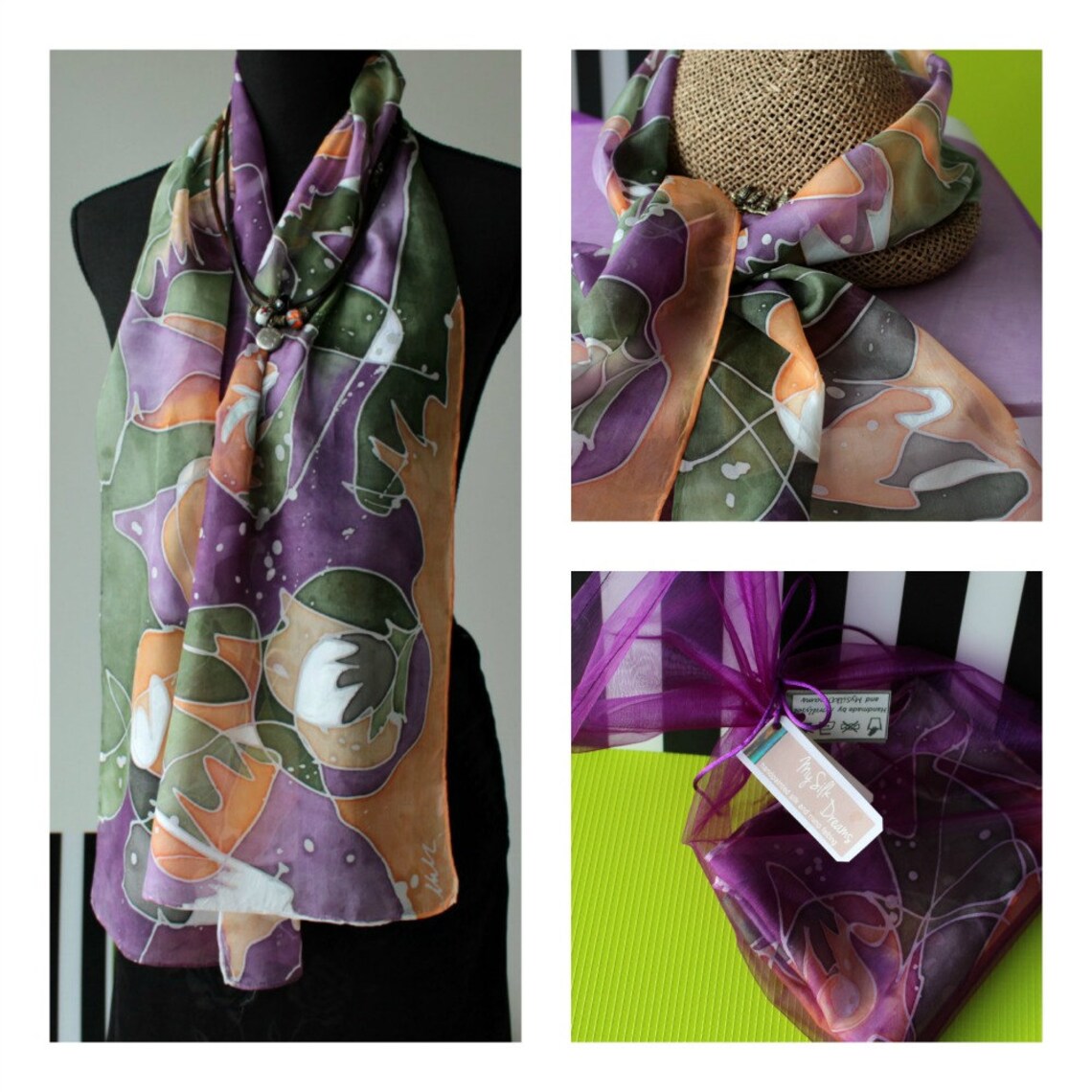 Hand Painted Silk Scarf: Apricot, Olive, Aubergine - 55"x18" - Etsy
