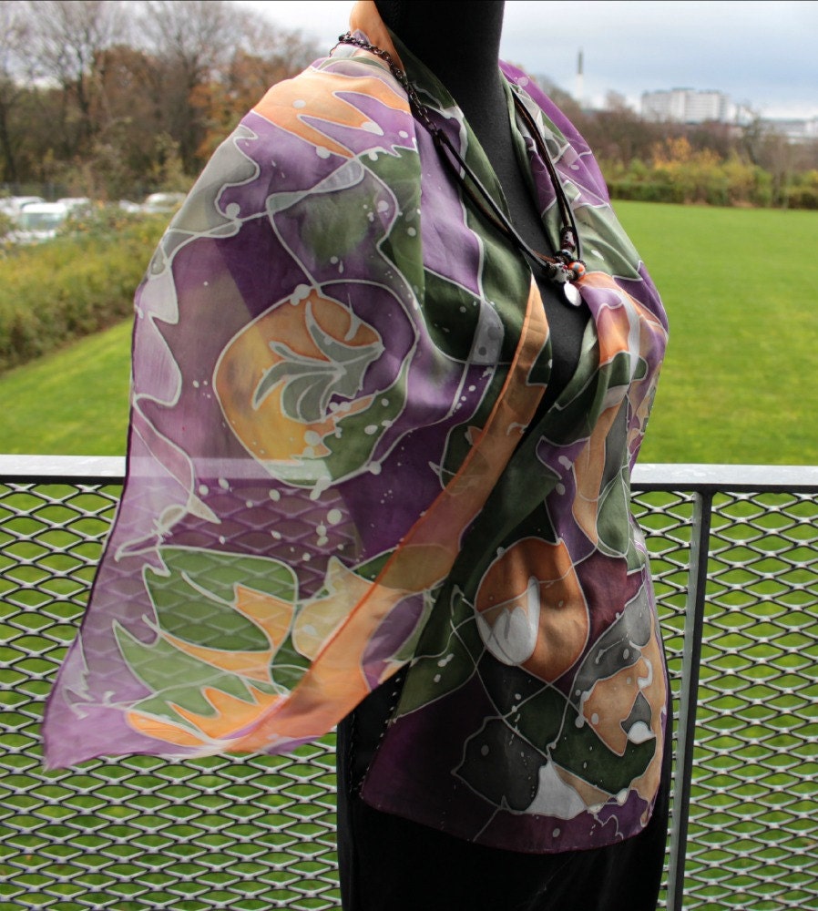 Hand Painted Silk Scarf: Apricot, Olive, Aubergine - 55"x18" - Etsy