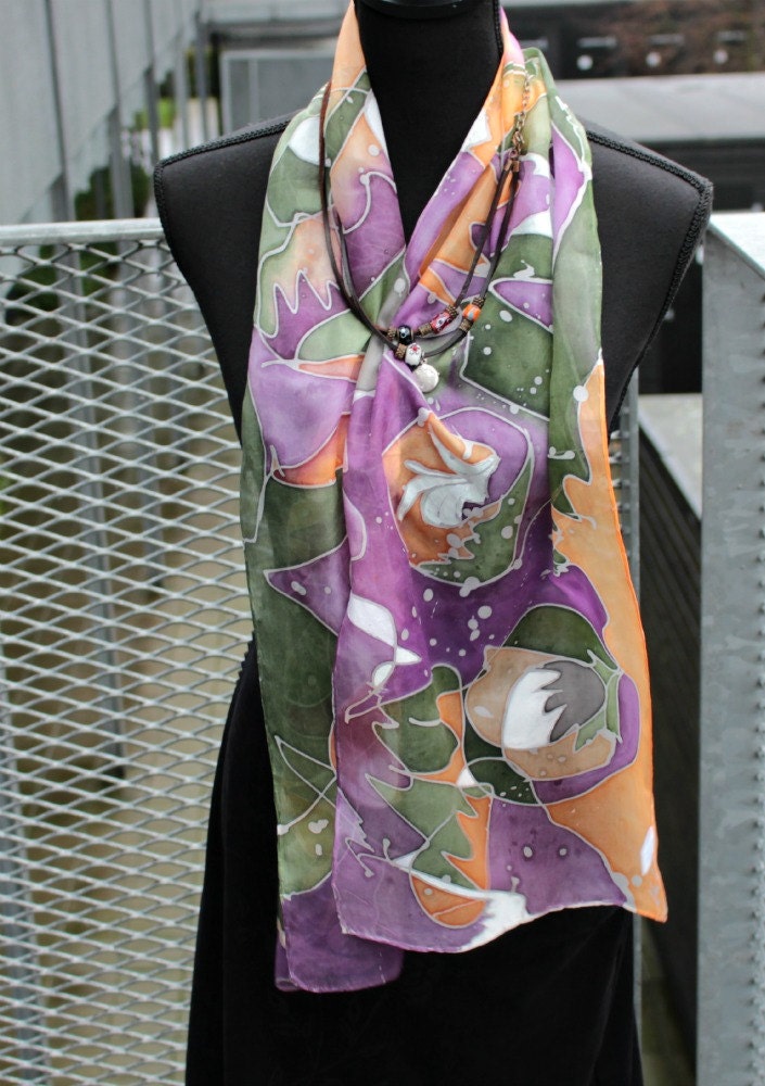 Hand Painted Silk Scarf: Apricot, Olive, Aubergine - 55"x18" - Etsy