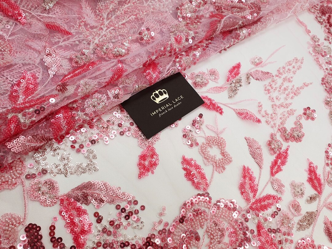 Pink Floral 3D Lace Fabric, Sequin Lace, Beaded Lace, Pink Embroidered ...