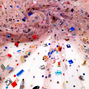 Pink Beaded Tulle Fabric, Pink Lace Fabric, Rhinestone Fabric, Bridal ...