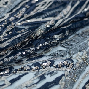 3D Blue Lace Fabric, Beaded Lace Fabric, Spitzenstoff, Embroidery Lace ...