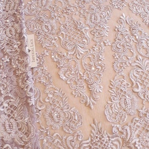 Lilac 3D Lace Fabric, Luxury Hand Made Lace, Beaded Lace, Embroidered ...